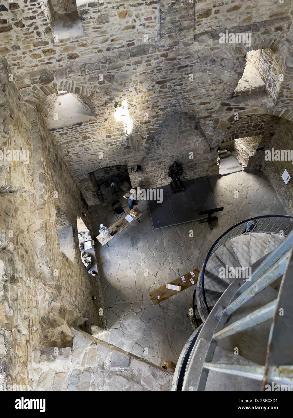 Dizzying view from spiral staircase steeply downwards in restored ...