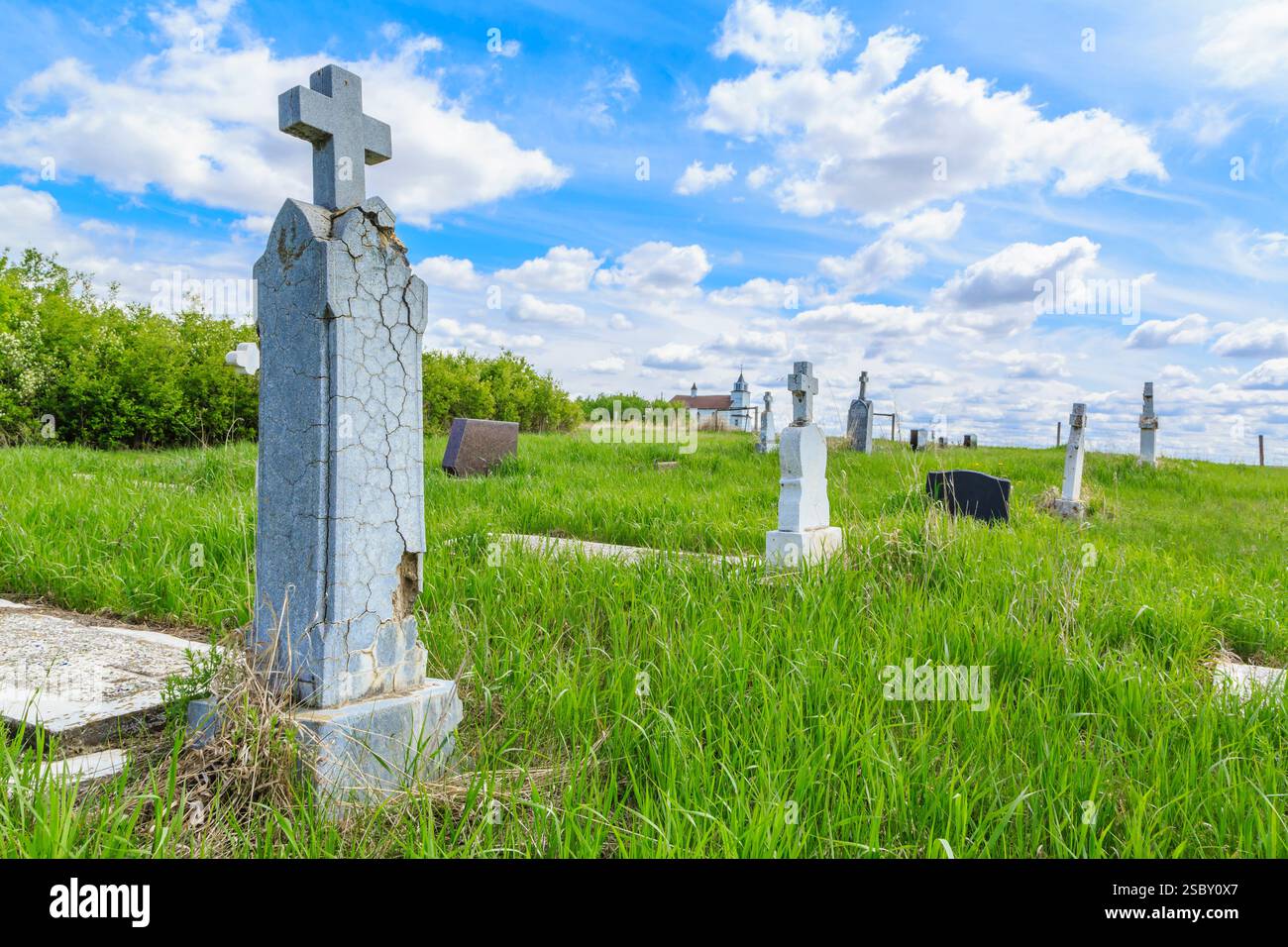 Cemetery with a large gray headstone with a cross on it. There are many ...