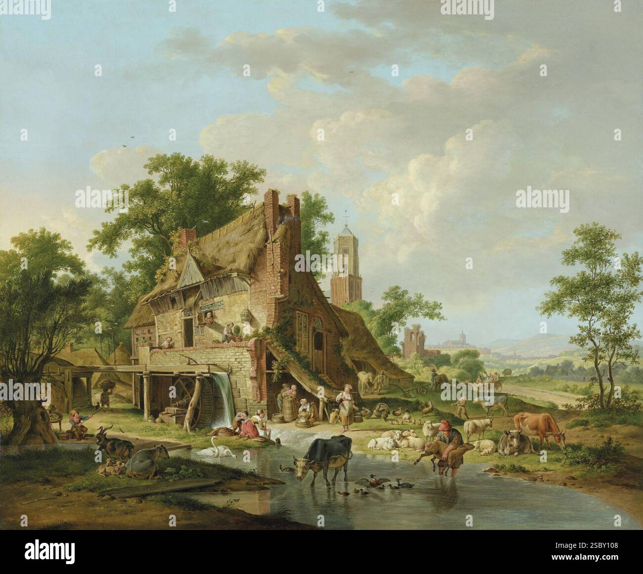 Hendrik meijer a watermill with farmyard animals and peasants a land ...