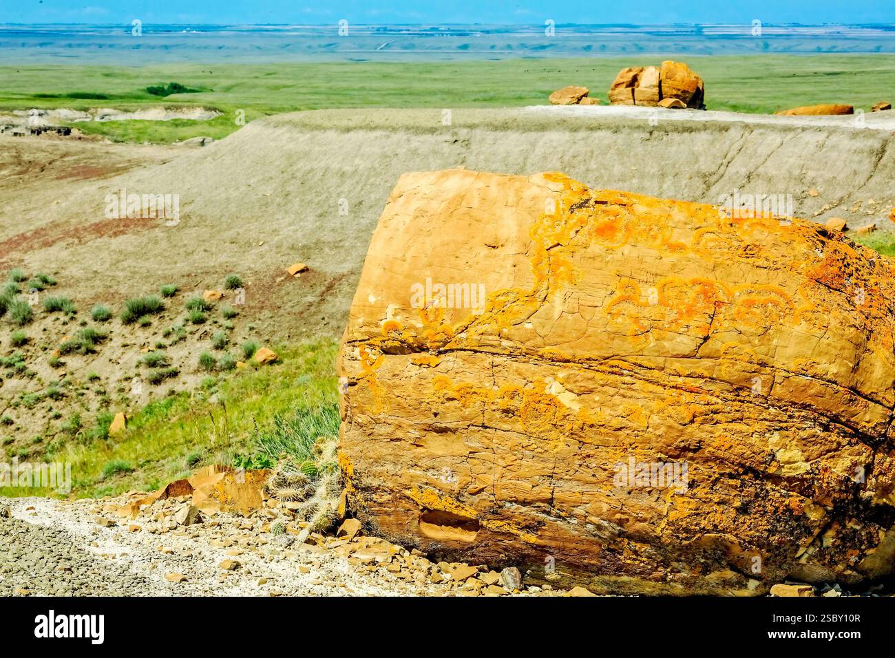 Large rock sits on a hillside. The rock is brown and has a yellowish ...