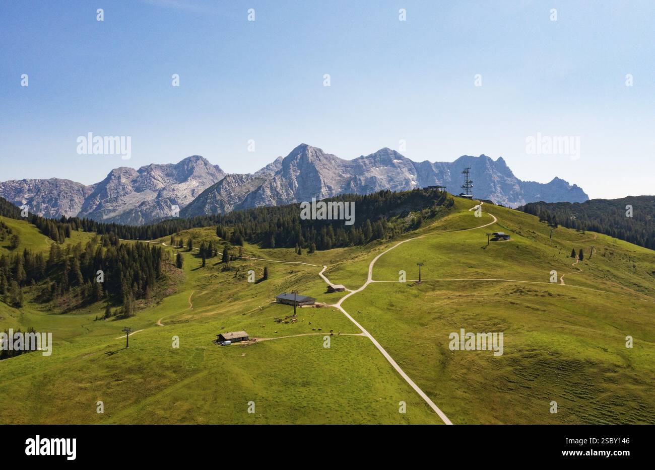 Drone shot, Hochalm, Loferer Alm with view to the Loferer Steinberge ...
