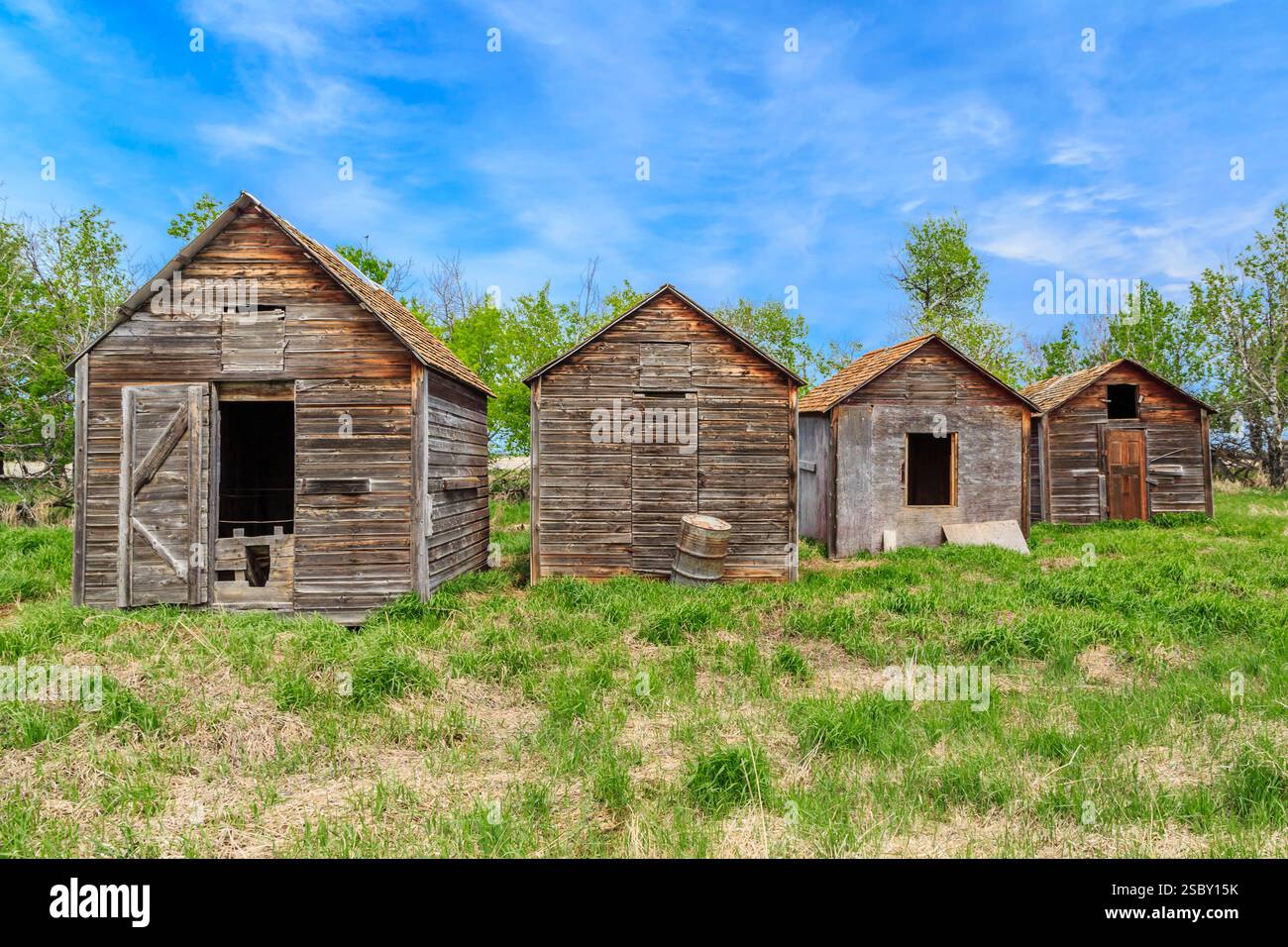 Three old wooden buildings are in a field. The buildings are small and ...