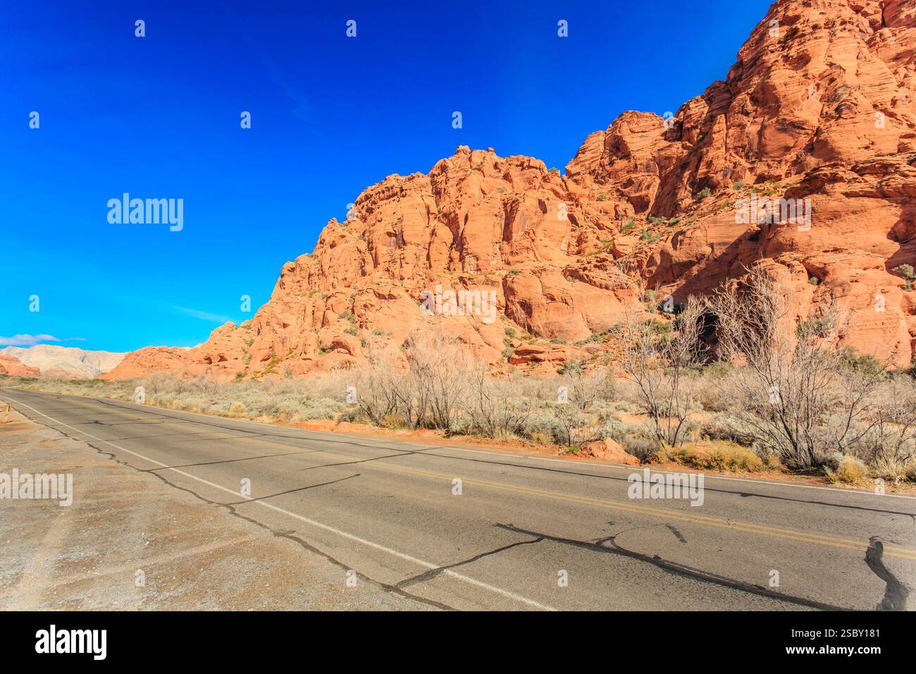 Road with a yellow line down the middle. The road is empty. The sky is ...