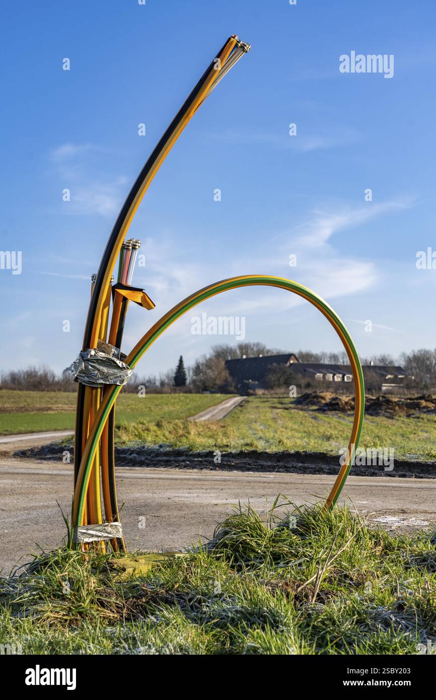 Fibre optic connection, empty conduits protrude from the ground along a ...