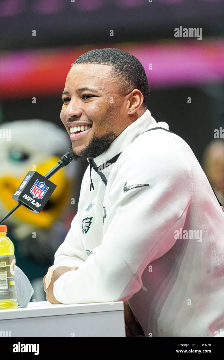 Eagles running back Saquan Barkley answering questions from reporters ...