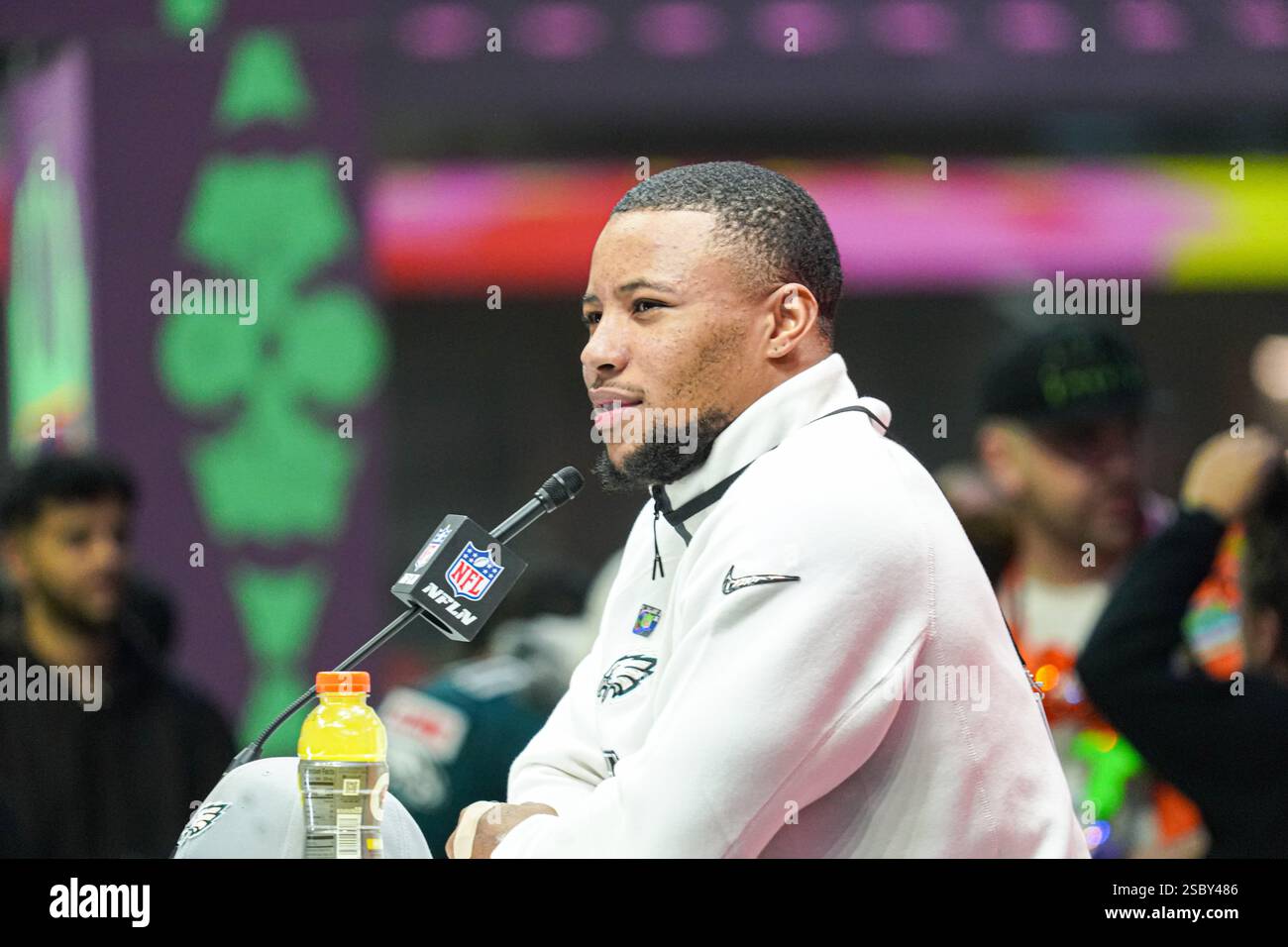 Eagles running back Saquan Barkley answering questions from reporters ...