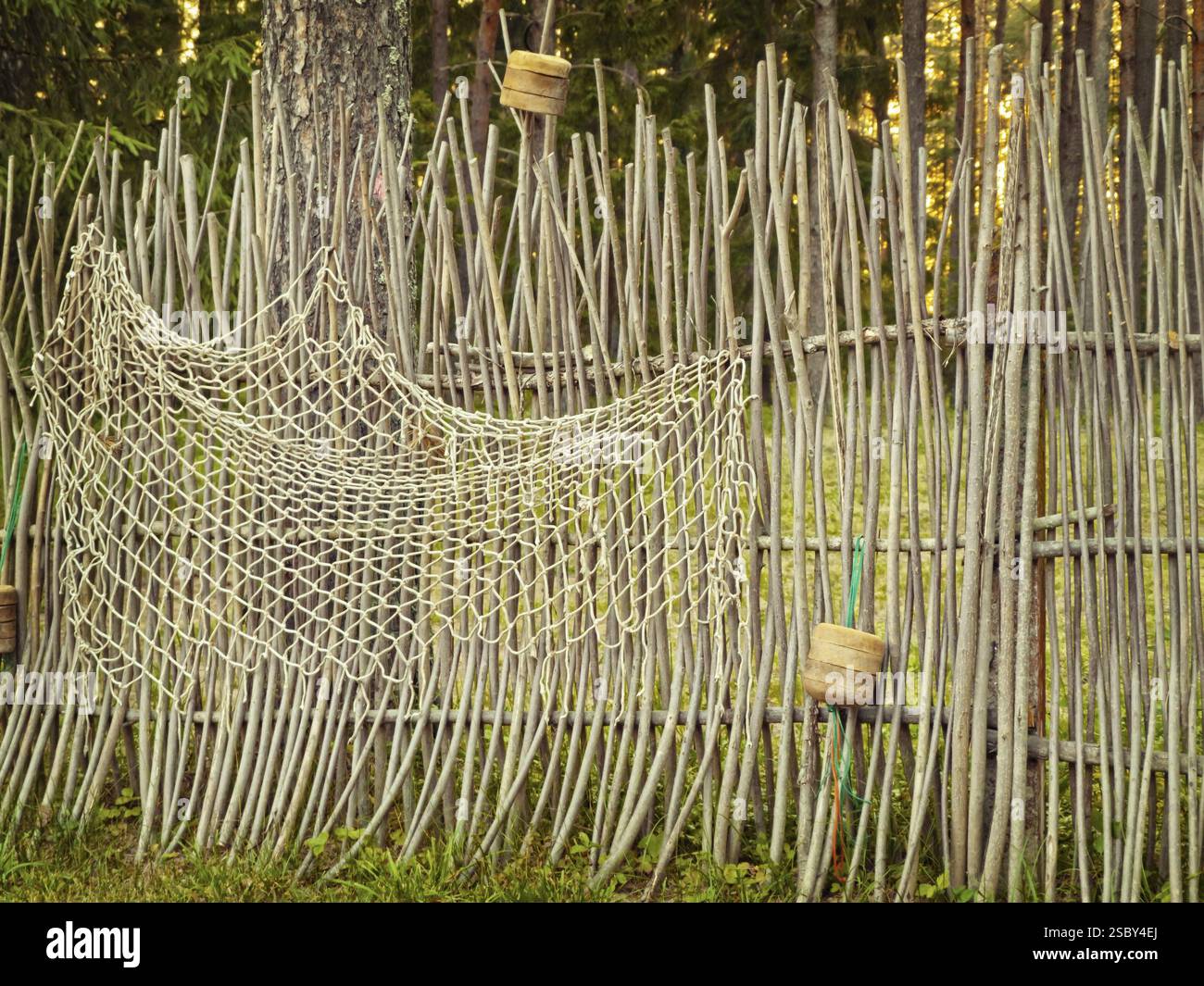 Fence with fishing net in the forest Stock Photo - Alamy