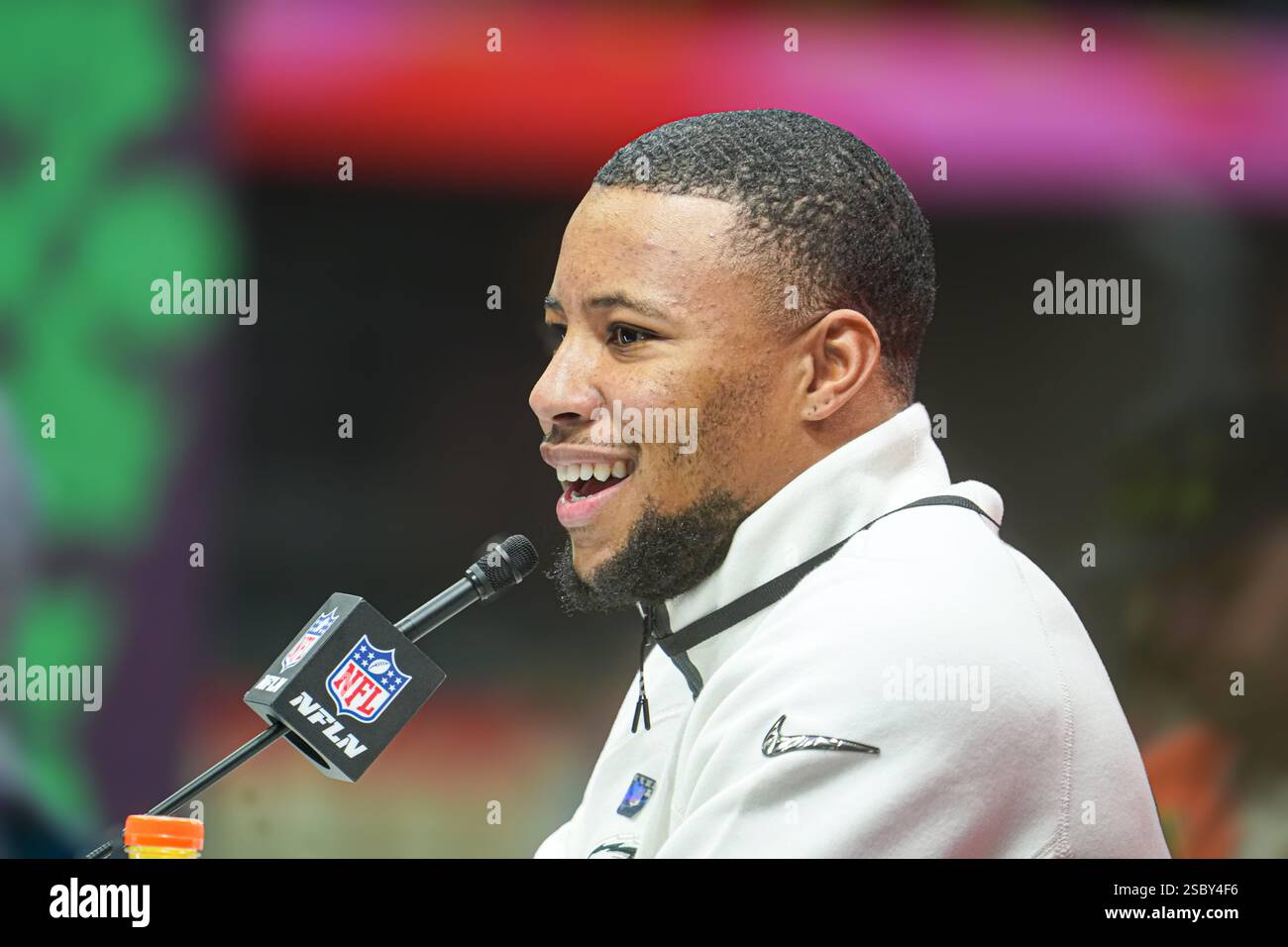 Eagles running back Saquan Barkley answering questions from reporters ...