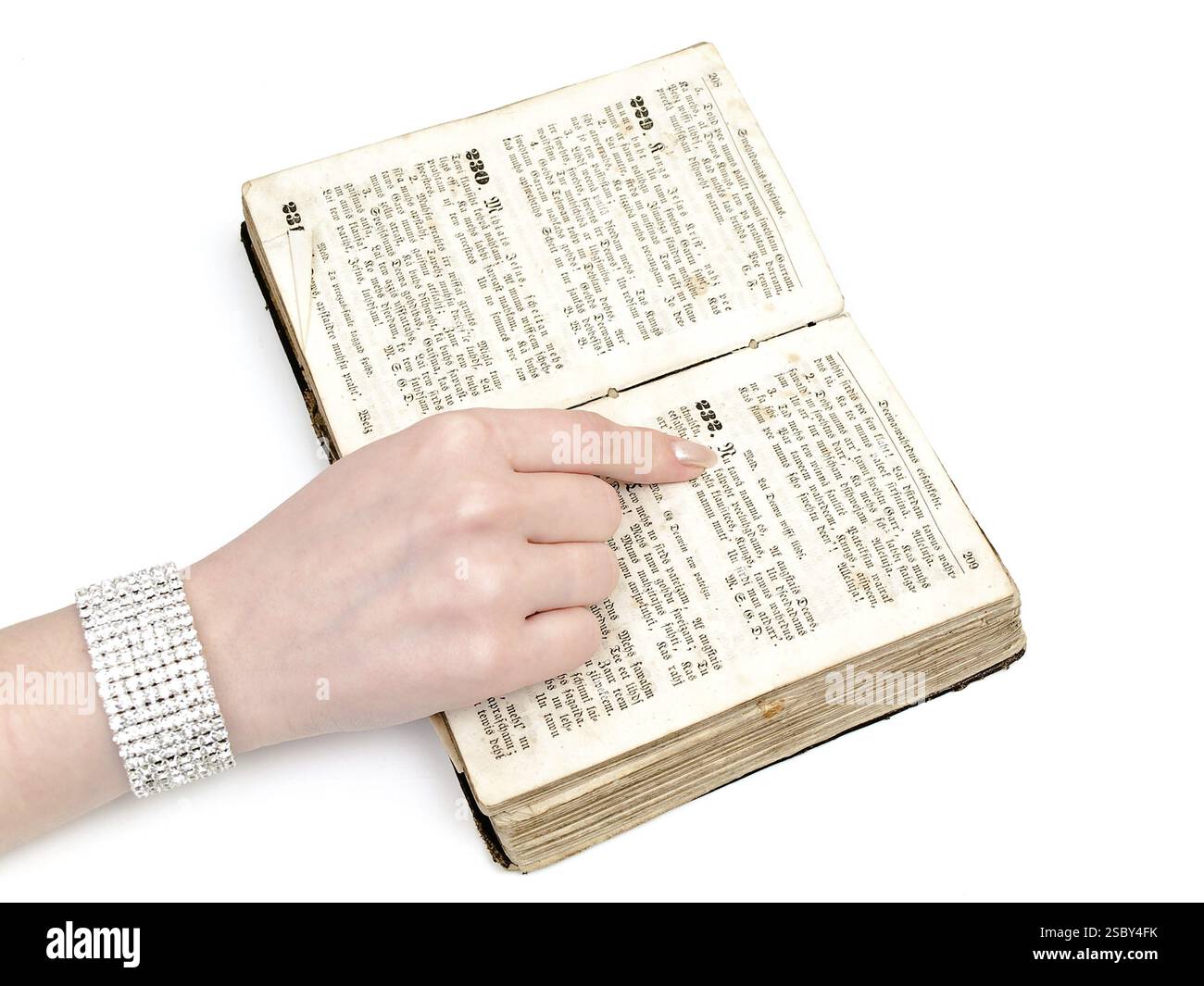 Woman reading old book against the white background Stock Photo - Alamy