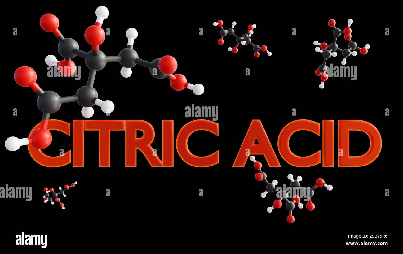 A 3D rendering of the structure of a citric acid molecule. The tribasic ...