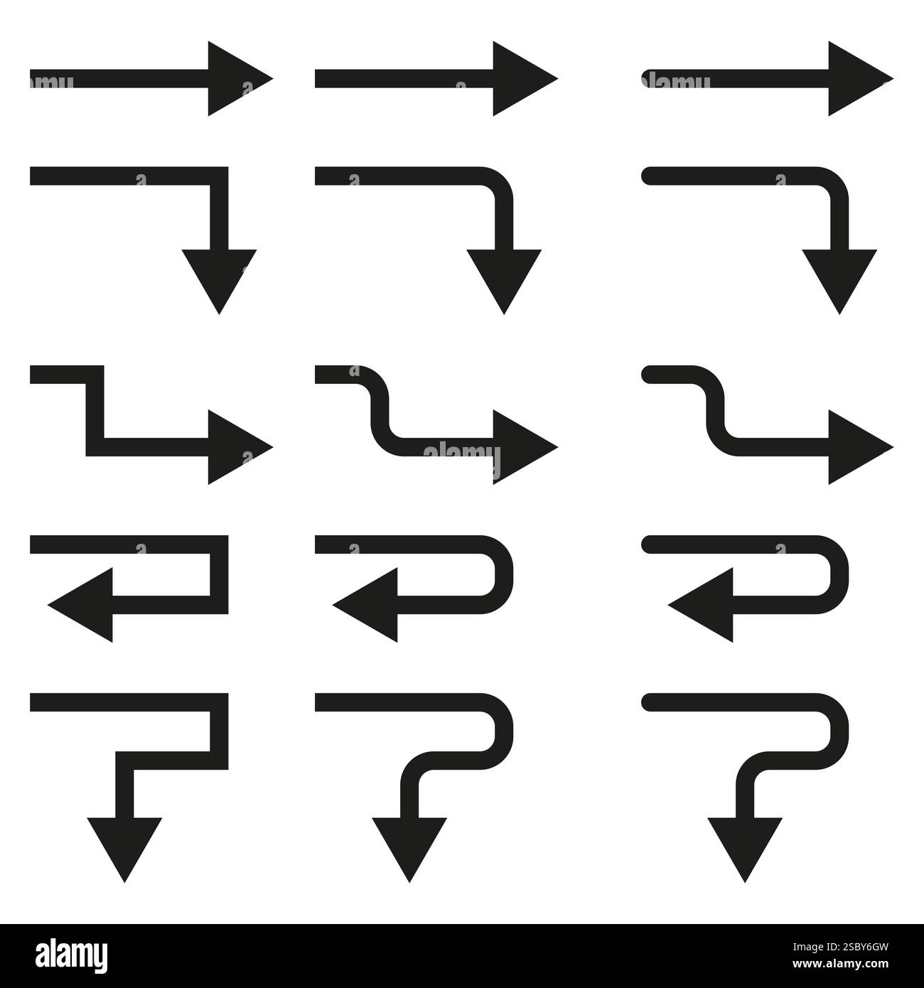 Angular arrow icons. Vector direction shapes. Black pointer turns ...