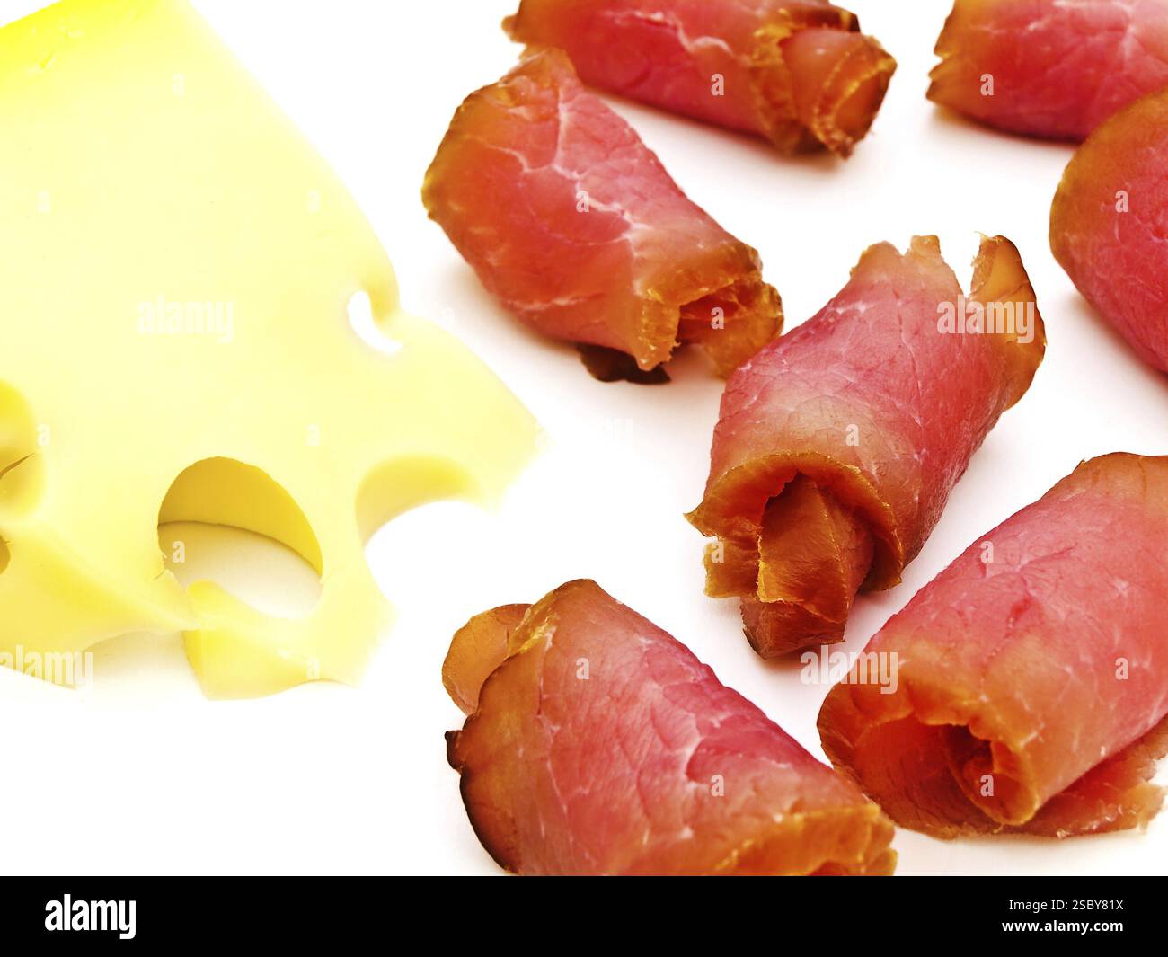 Red Smoked Meat And Yellow Cheese Stock Photo - Alamy
