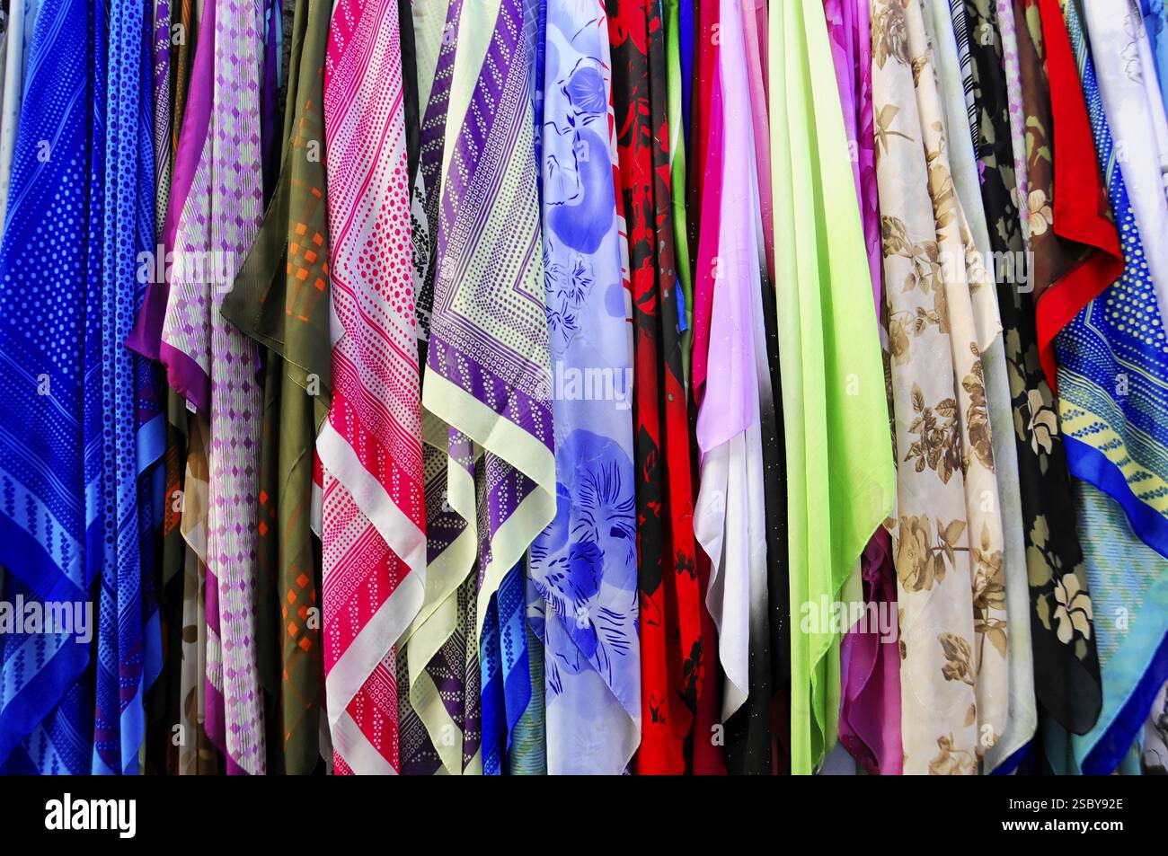 Chefchaouen, Rif Mountains, Morocco, Variety of bright fabrics with ...