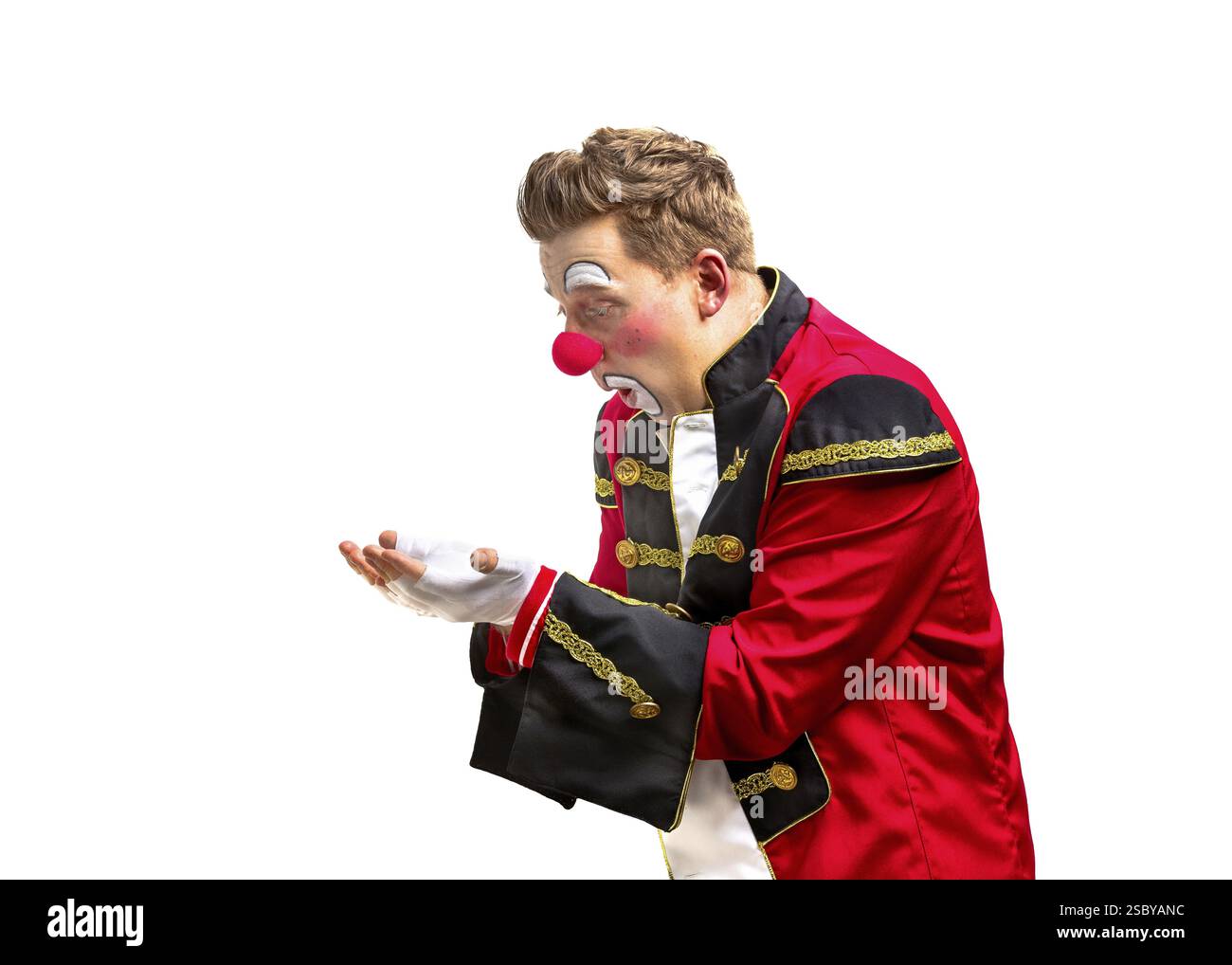 A funny clown with smiling joyful expression, isolated at white ...