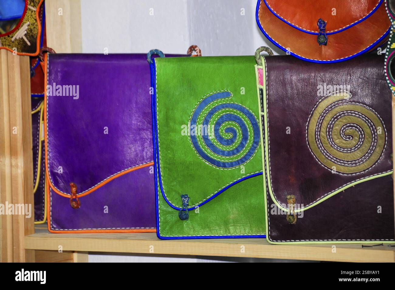 Chefchaouen, Rif Mountains, Morocco, Various leather bags in bright ...