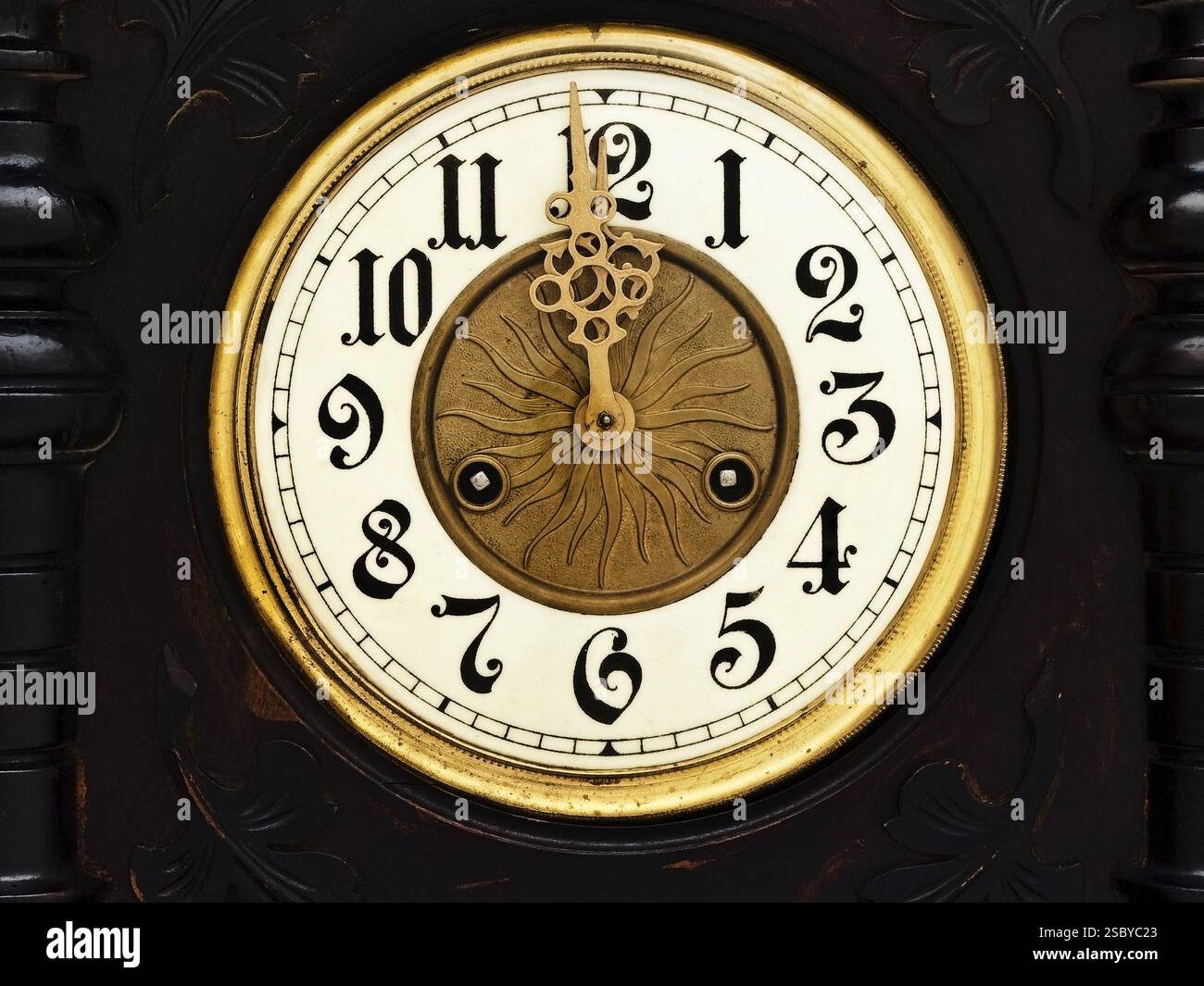 Old Wooden Clock With Golden Hands Show Twelve Stock Photo - Alamy