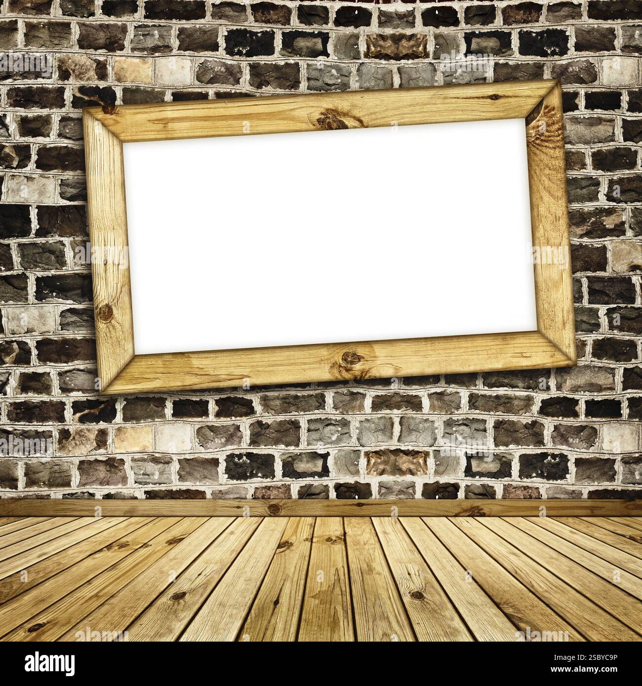 Empty wooden frame at brick wall in interior with wooden floor Stock ...