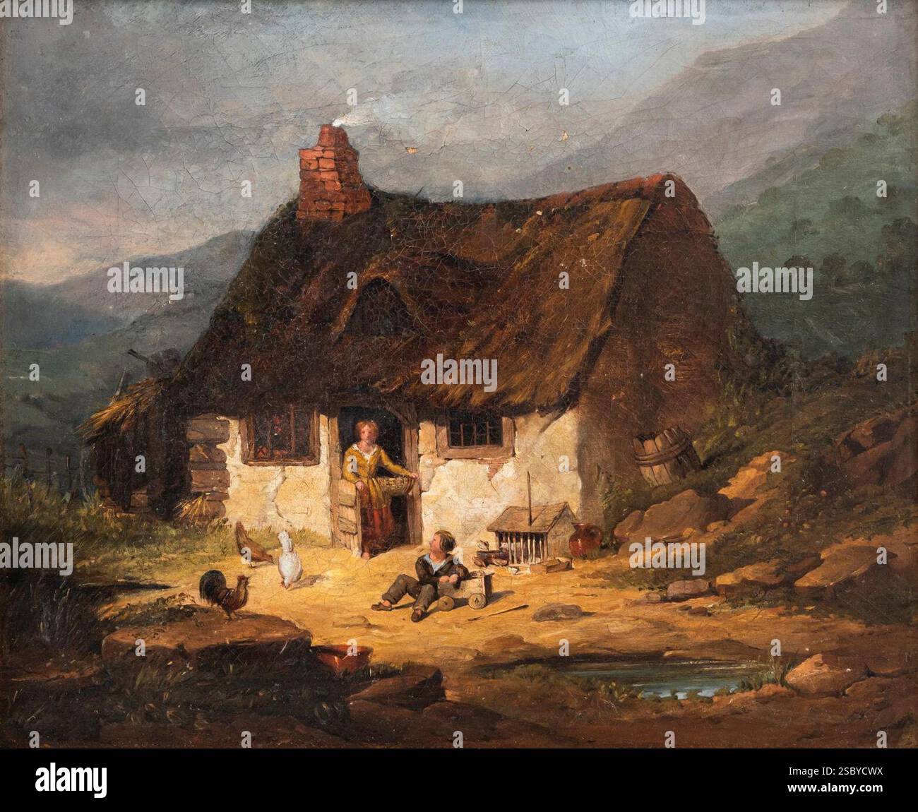 Henry Hobson - 1820 - 1870 28 x 36 cm Bauernhaus mit Bäuerin und Kind ...