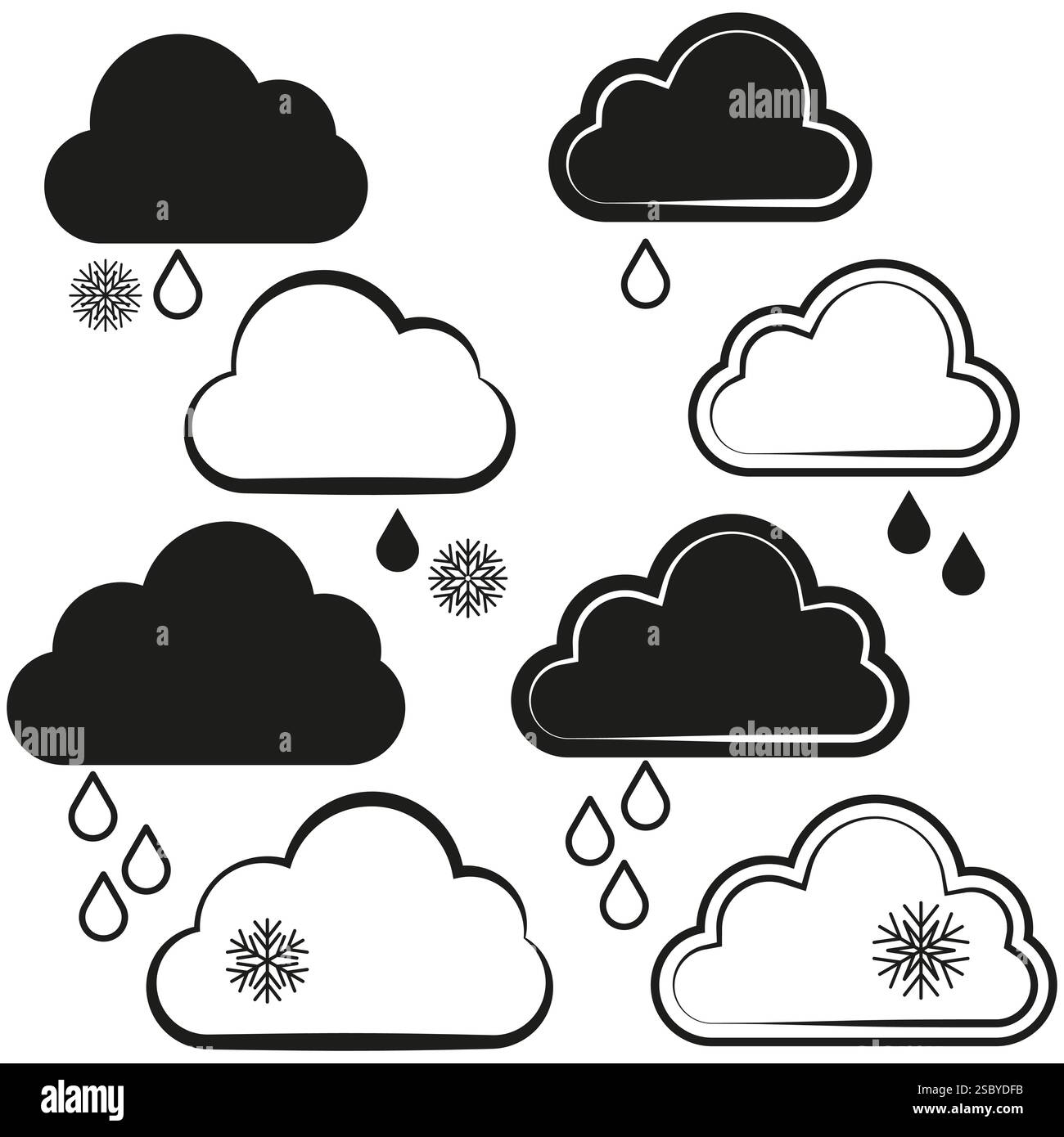 Cloud weather icons. Rain and snow symbols. Black and white design ...