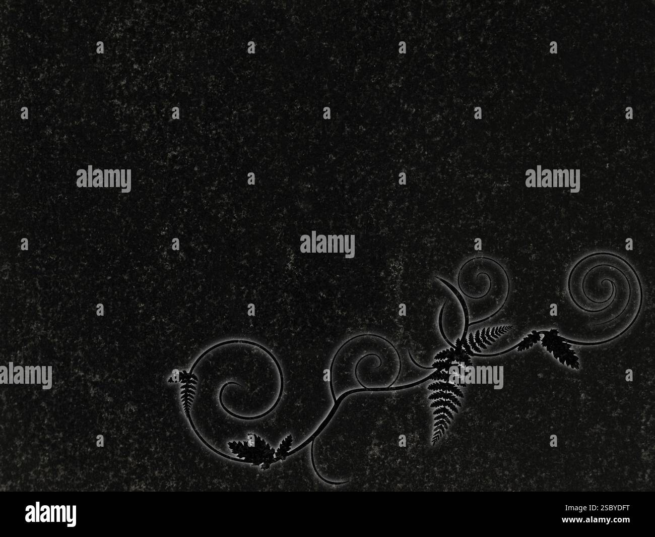Fern swirl decoration at black granite gravestone, copyspace Stock ...