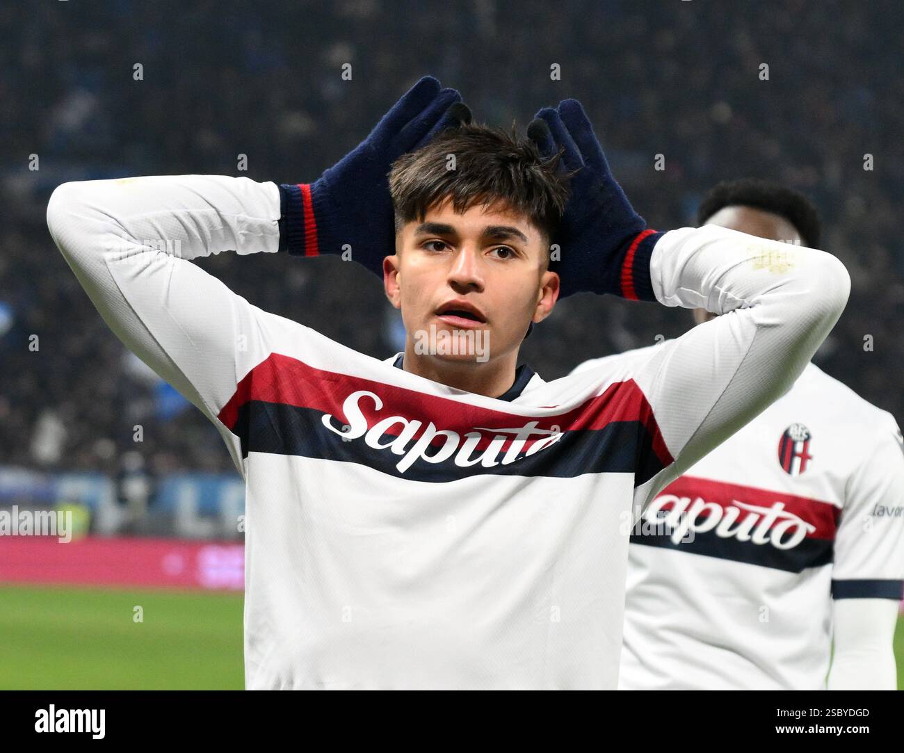 Bergamo, Italy. 4th Feb, 2025. Bologna's Santiago Castro celebrates his ...