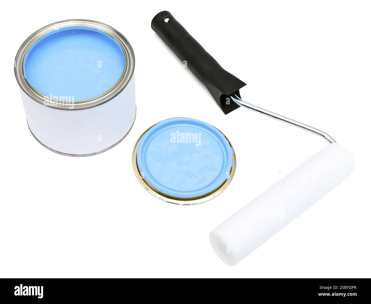 White parlon roller, blue color open can against the white background ...