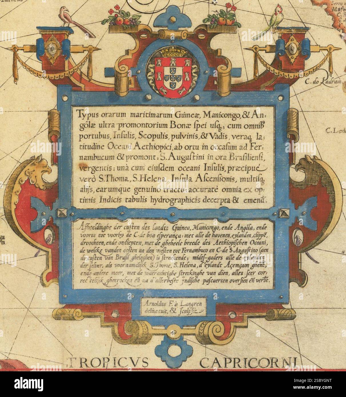 Heraldic cartouche on an African map by Linschoten Stock Photo - Alamy