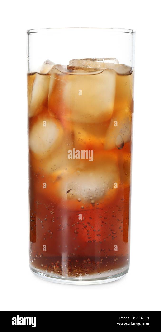 Refreshing cola with ice cubes in glass isolated on white Stock Photo - Alamy