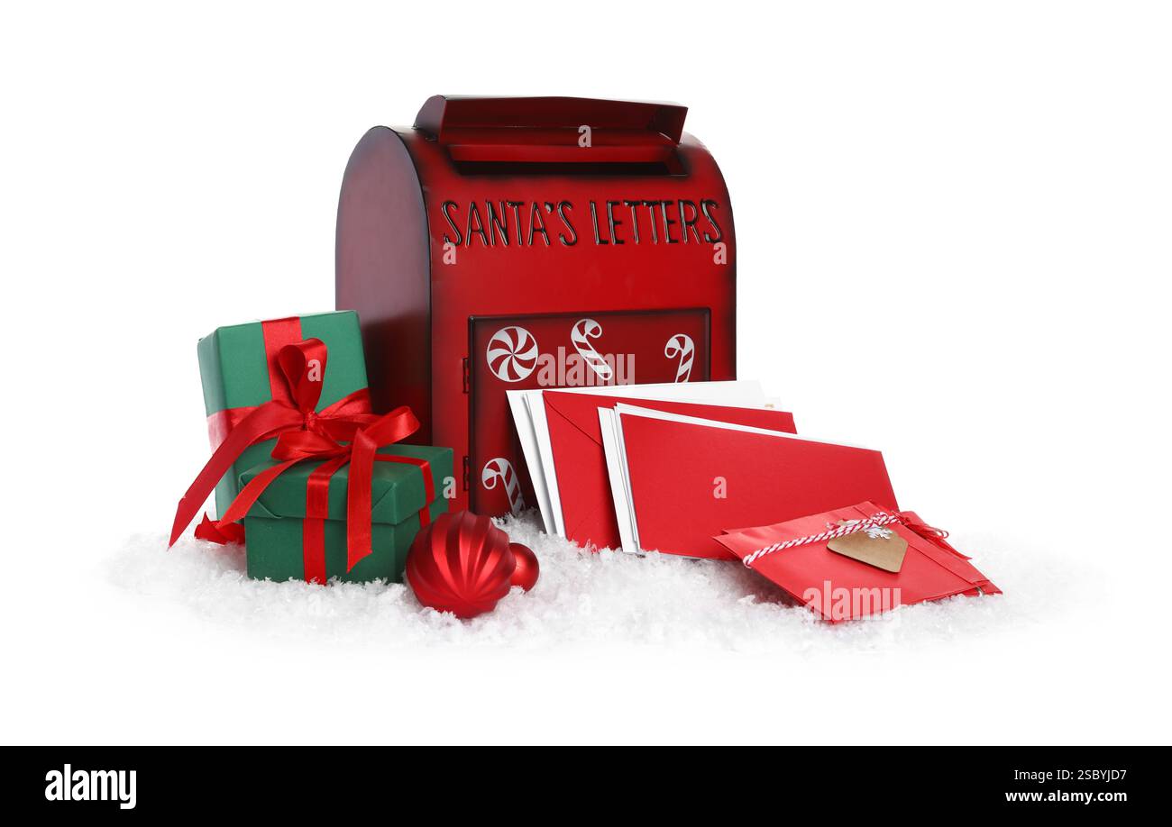 Santa Claus mail box with letters, gifts and artificial snow isolated ...