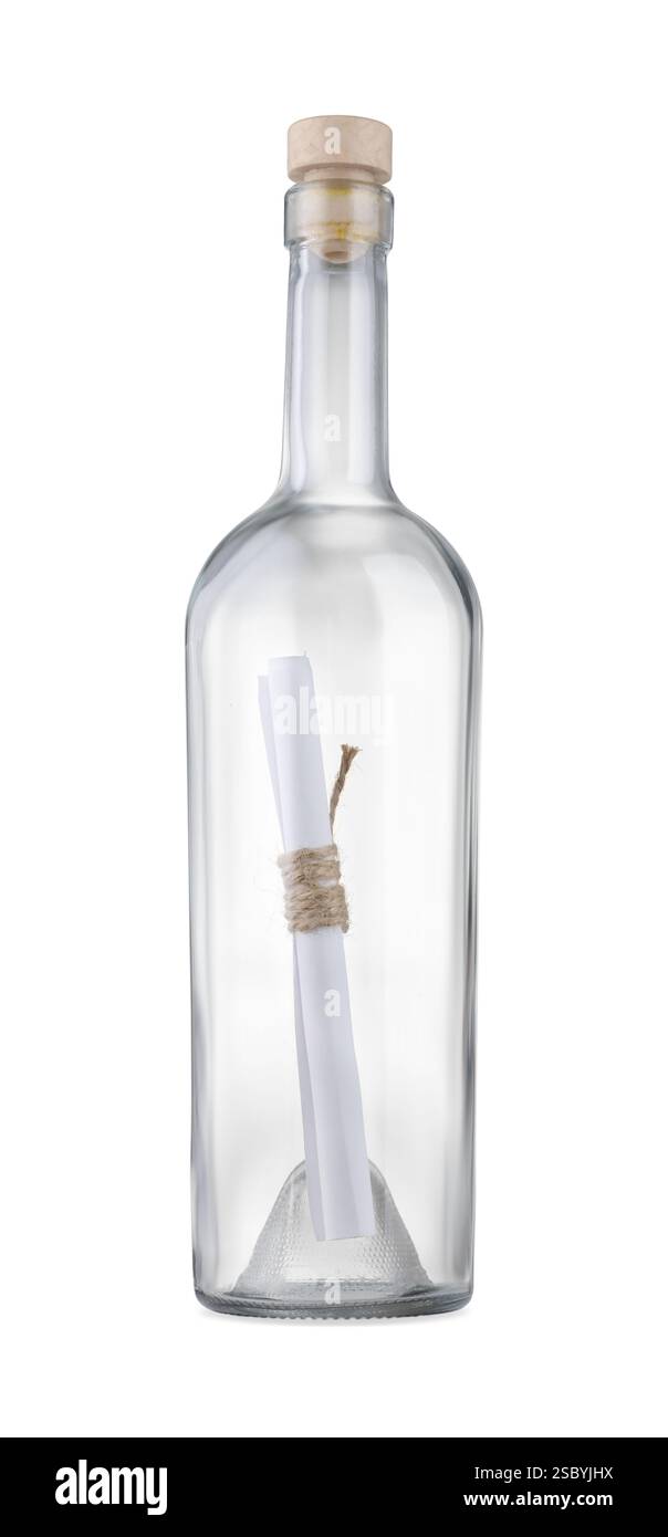 Corked glass bottle with rolled letter isolated on white Stock Photo ...