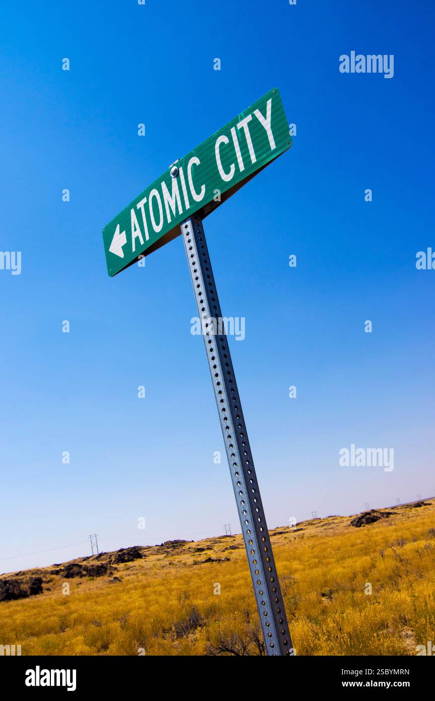 A road sign pointing towards the small town of Atomic City in Idaho ...