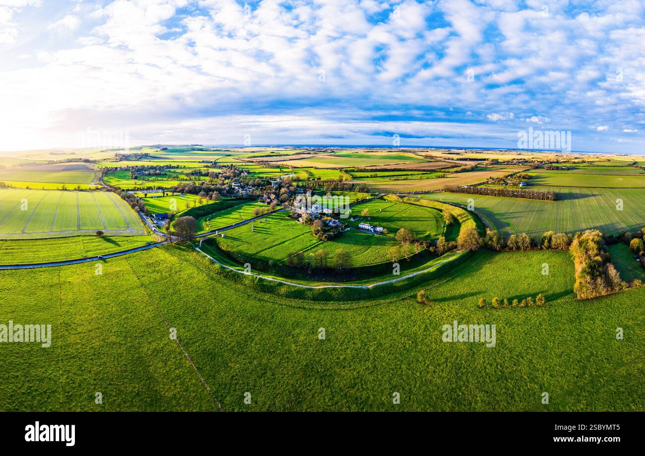 Aerial view of Avebury henge and stone circles in Wiltshire, UK. This ...