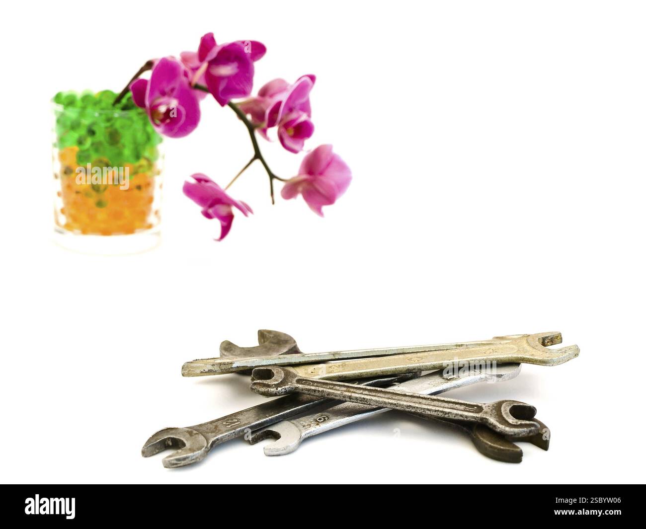 Old spanners and pink orchid flower over white background Stock Photo ...