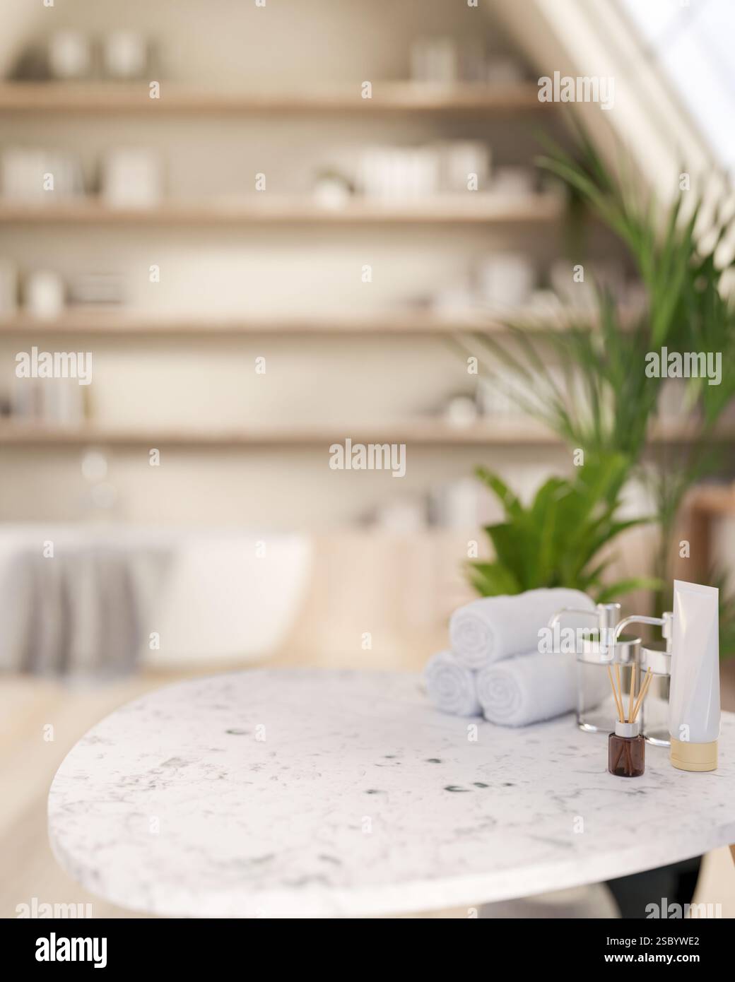 A close-up of a round white-marble table with bath accessories items ...