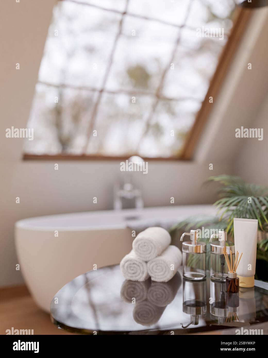 A close-up of a table with bath essentials set in a luxurious ...