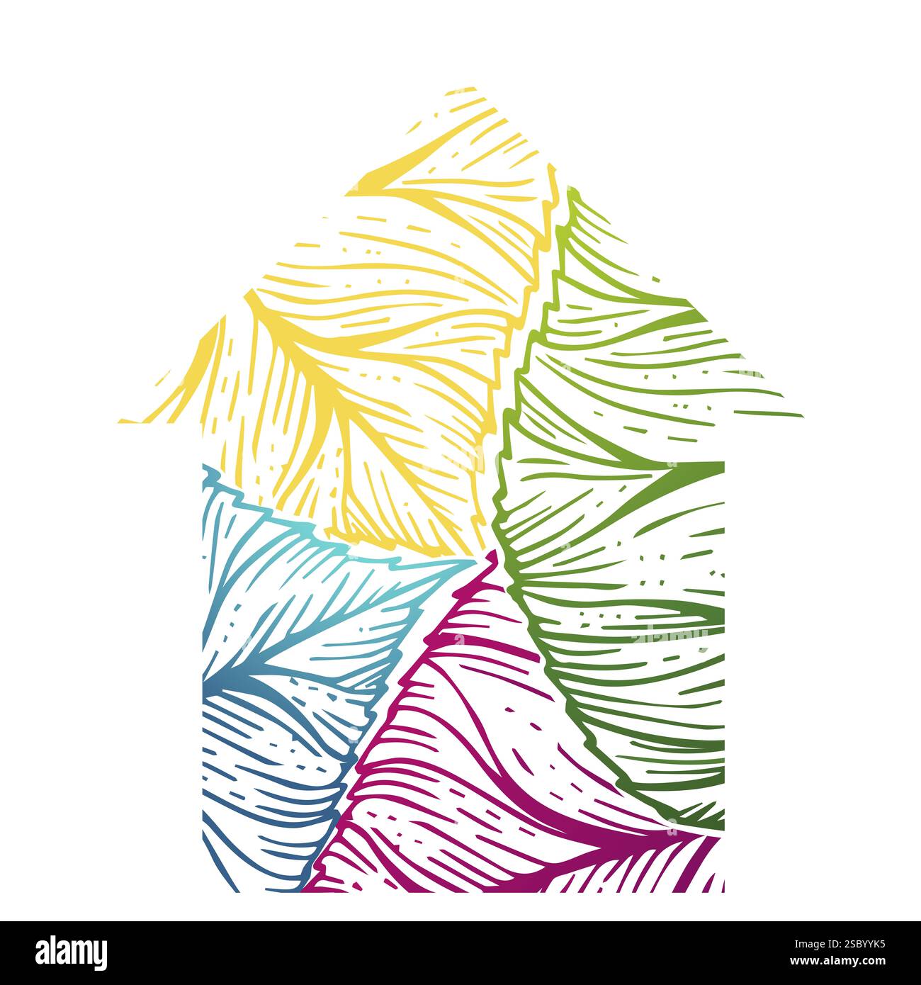 Eco pattern from multicolored leaves in the house shape over white ...