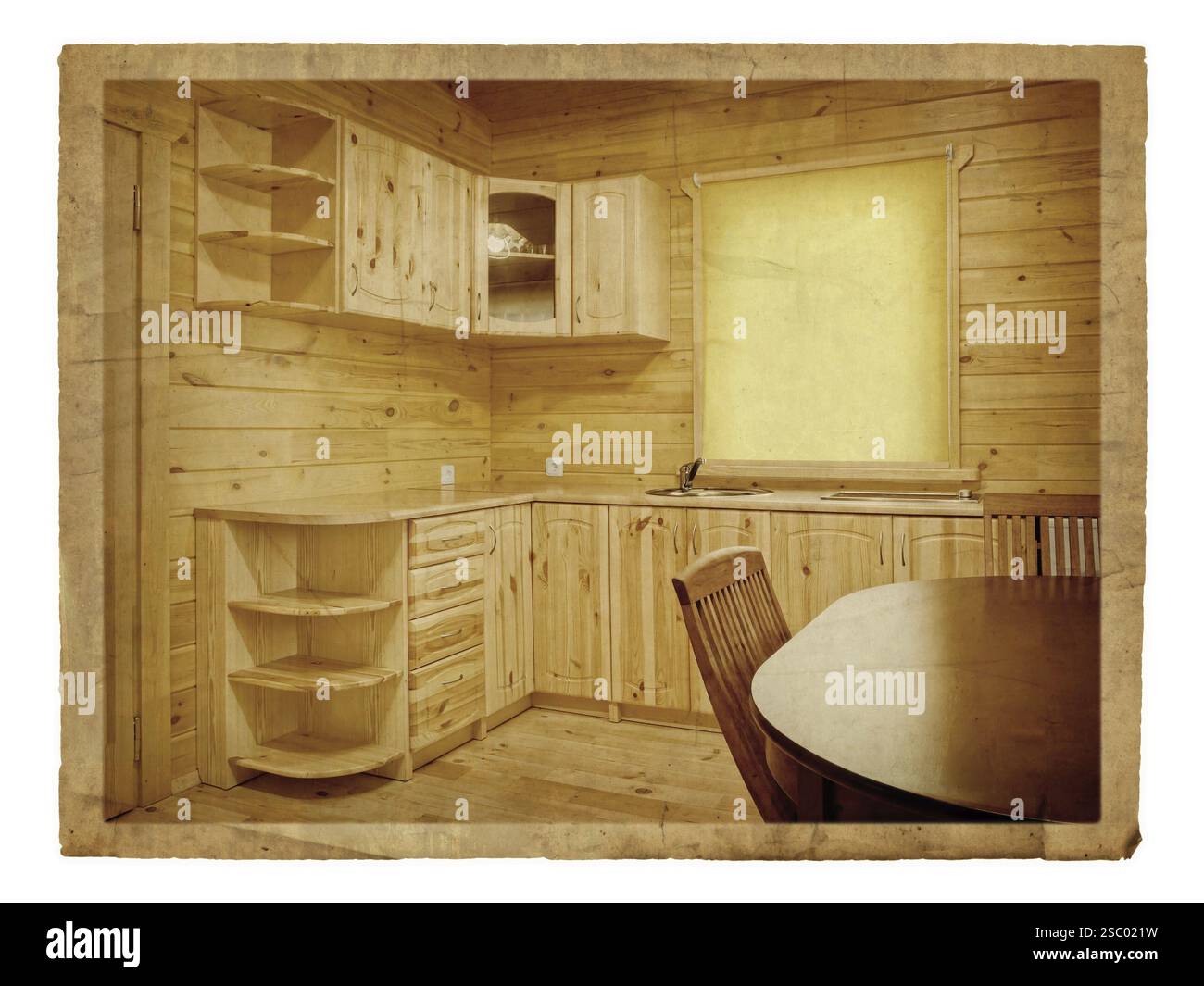Old (stylized) photo of kitchen interior in a wooden blockhouse Stock ...