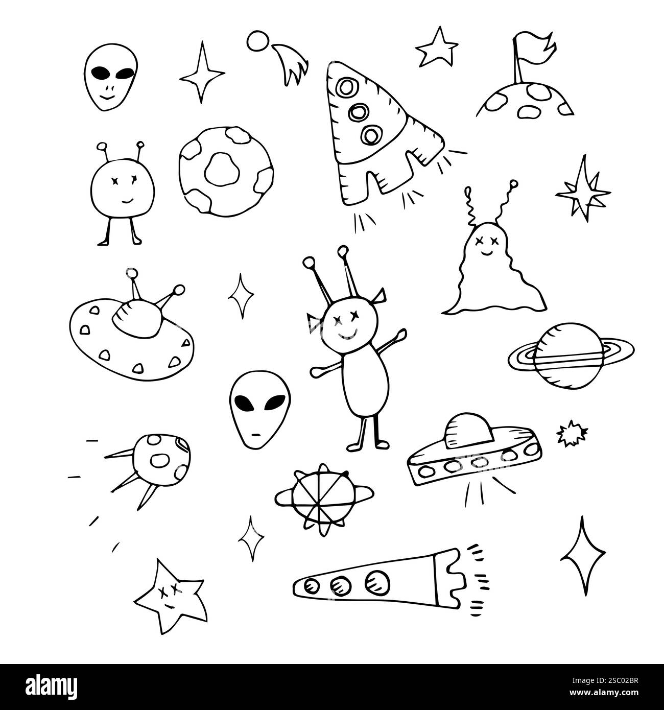 Hand-drawn space-themed doodle set. Aliens, spaceships, flying saucers ...