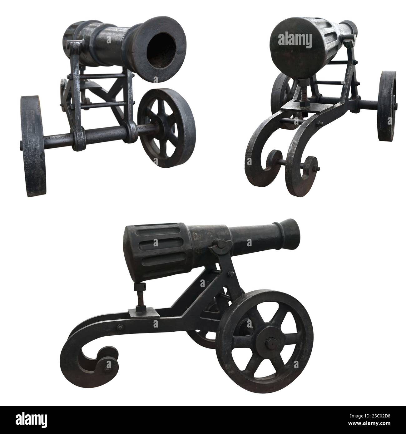Three views of old cannon over the white background Stock Photo - Alamy