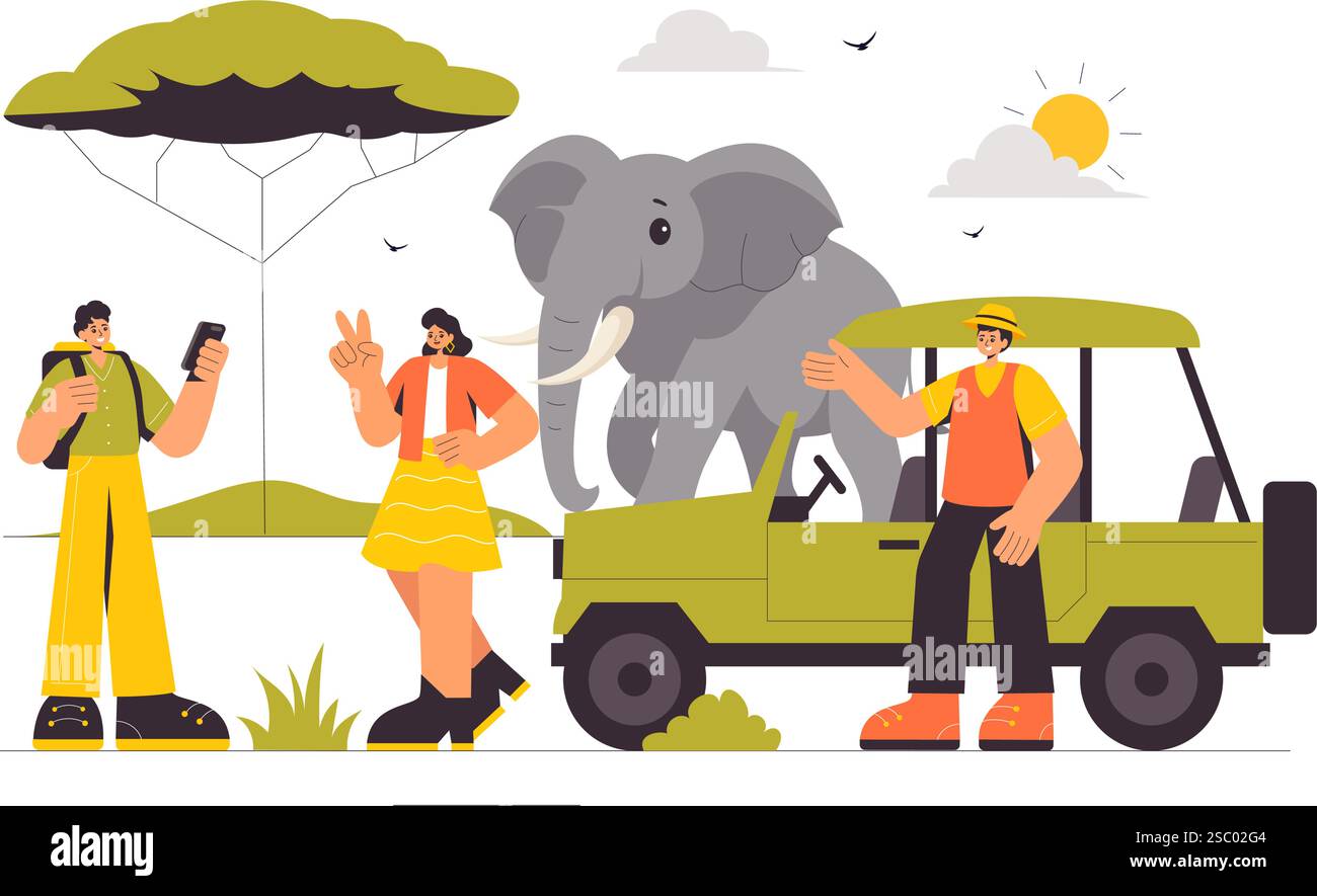 Visitors Explore the Wildlife Safari Illustration Featuring People ...