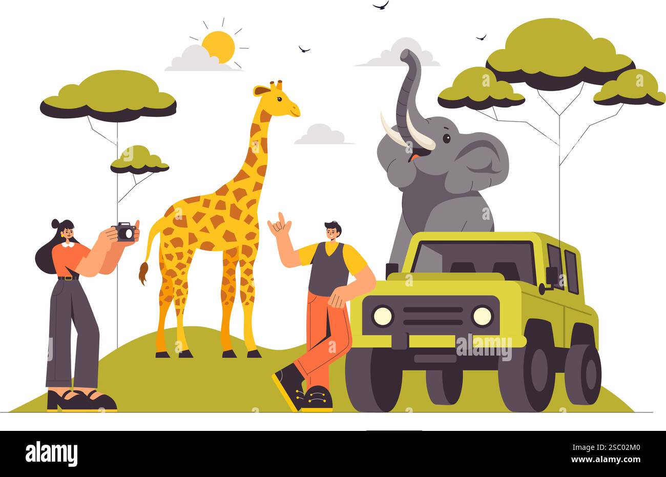 Visitors Explore the Wildlife Safari Illustration Featuring People ...