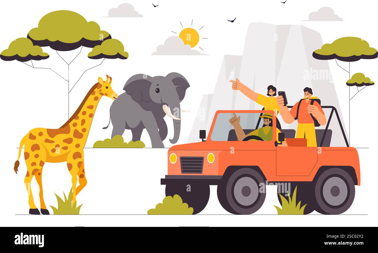 Visitors Explore the Wildlife Safari Illustration Featuring People ...