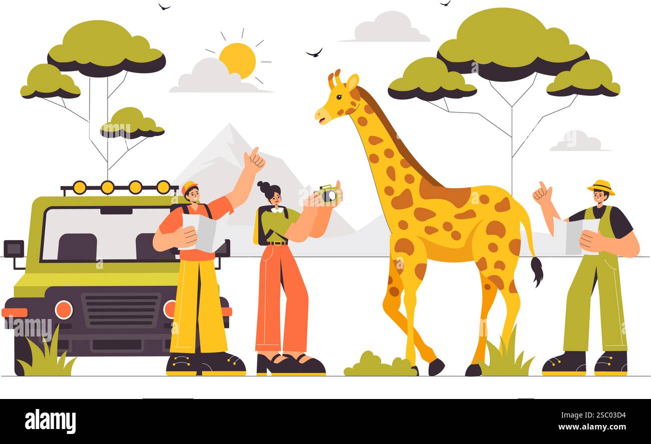 Visitors Explore the Wildlife Safari Illustration Featuring People ...