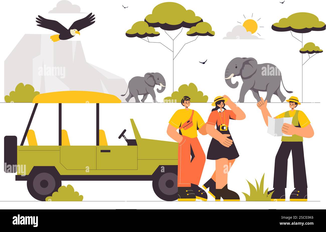 Visitors Explore the Wildlife Safari Illustration Featuring People ...