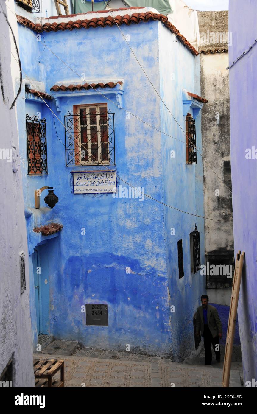 Chefchaouen, Rif Mountains, Morocco, Blue building in a narrow street ...