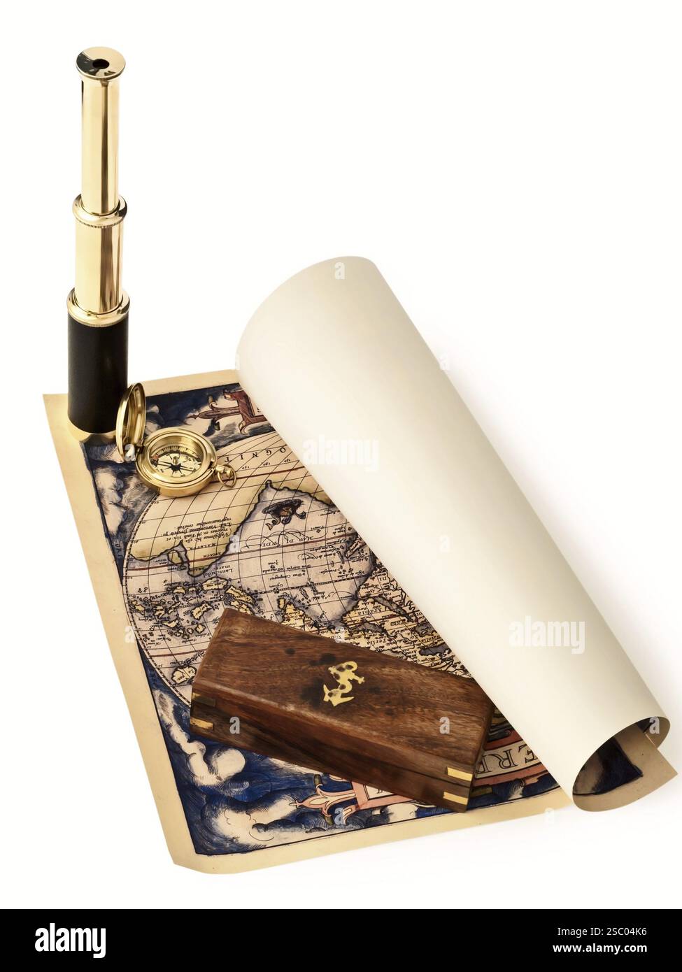 Travelling theme: vintage telescope and compass at antique map Stock ...