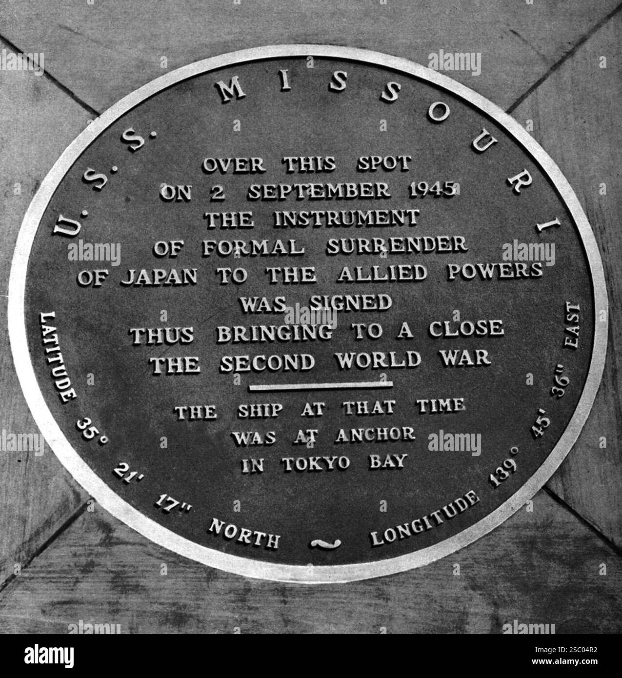 Historical Surrender of Japan marker aboard USS Missouri (BB-63), in ...