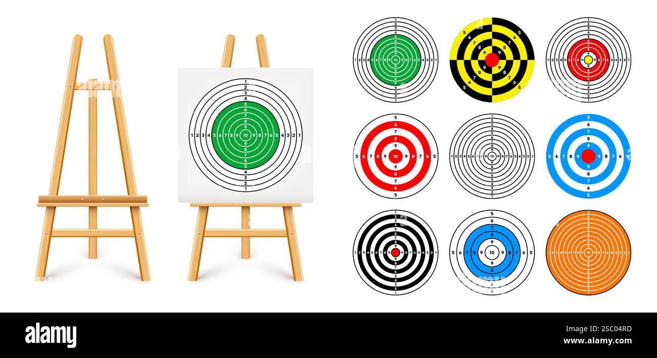 Shooting range target on a wooden easel stand. Paper target with ...
