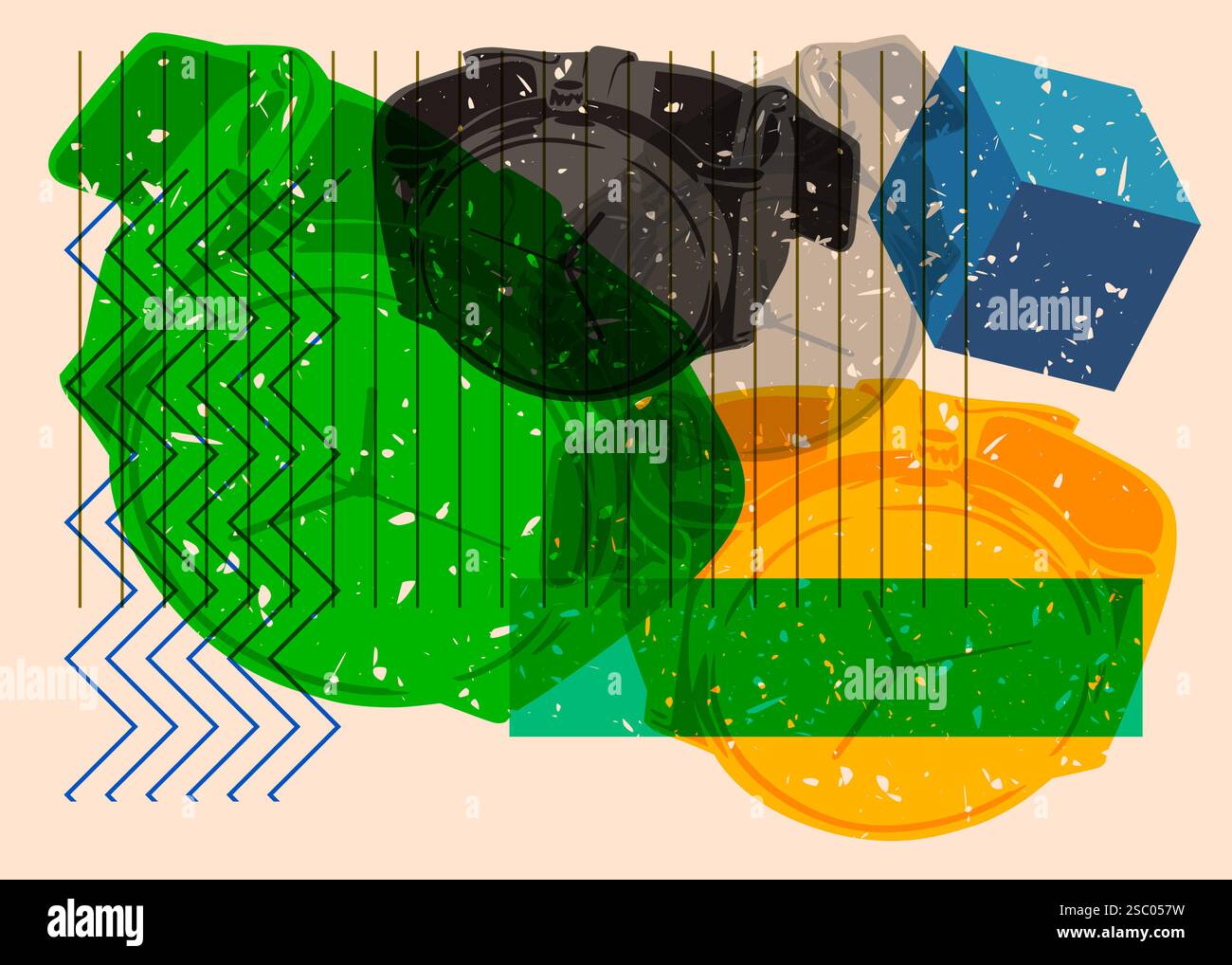 Risograph wristwatch with geometric shapes. Objects in trendy riso graph print texture style ...