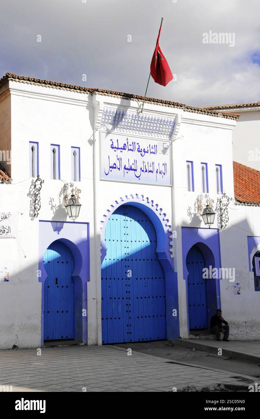 Chefchaouen, Rif Mountains, Morocco, White building with blue entrance ...